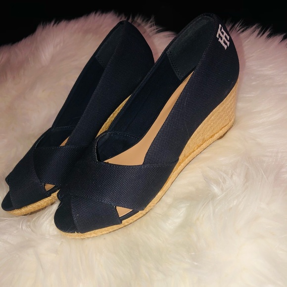 Tommy Hilfiger | Shoes | Tommy Hilfiger Navy Blue Open Toed Wedge ...